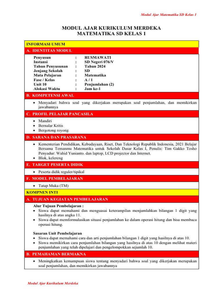 Modul Ajar MTK Kels 1 2024 | PDF