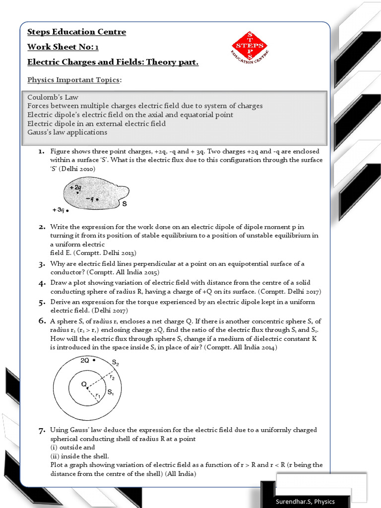 Worksheet 1 Electric charges and fields | PDF