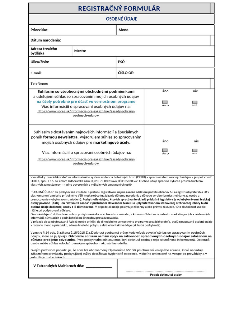 RegistraÄ Nã Formulã¡r Hotel SVK | PDF