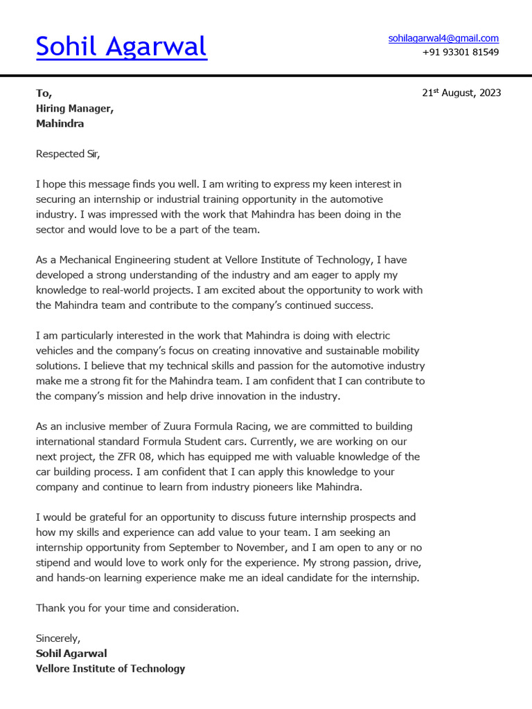 Sohil Agarwal Cover Letter Mahindra. | PDF