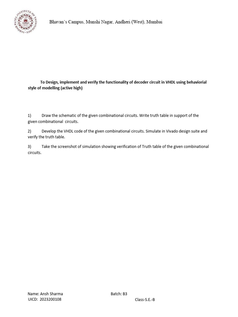 Sardar Patel Institute of Technology: Experiment No. 2 | PDF | Vhdl | Hardware Description Language