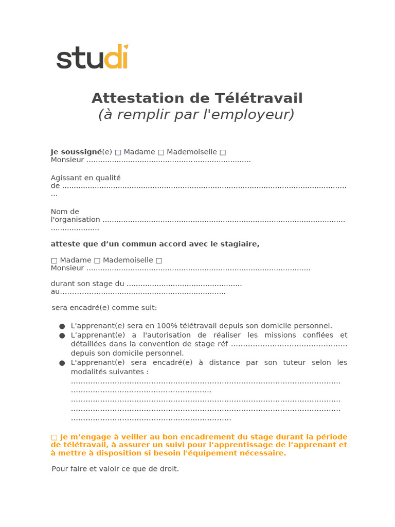 Attestation de Télétravail | PDF