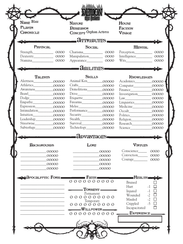 WOD - Demon - The Fallen - Character Sheet | PDF