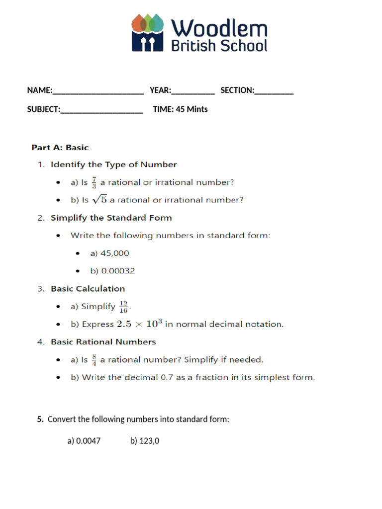 Short Maths Test Week 4 | PDF