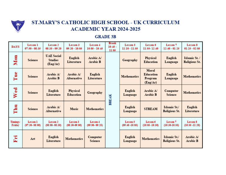 Grade 3 B Timetable 2024-2025 | PDF
