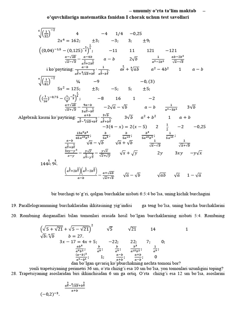 8-sinf Algebra I Chorak Test Savollari | PDF | Hindu Philosophical ...