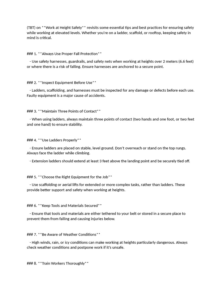 Work at Height TBT Chat | PDF | Ladder | Scaffolding