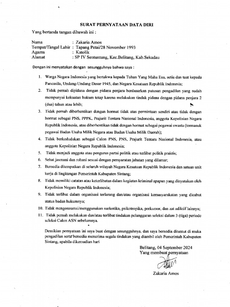 Surat Pernyataan Data Diri | PDF