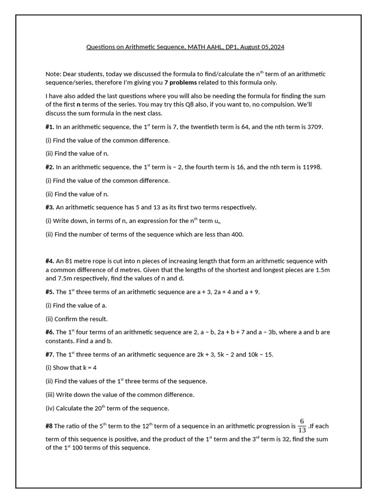 AAHLQuestions On Arithmetic Sequence Only NTH Term Formula Based Sheet ...