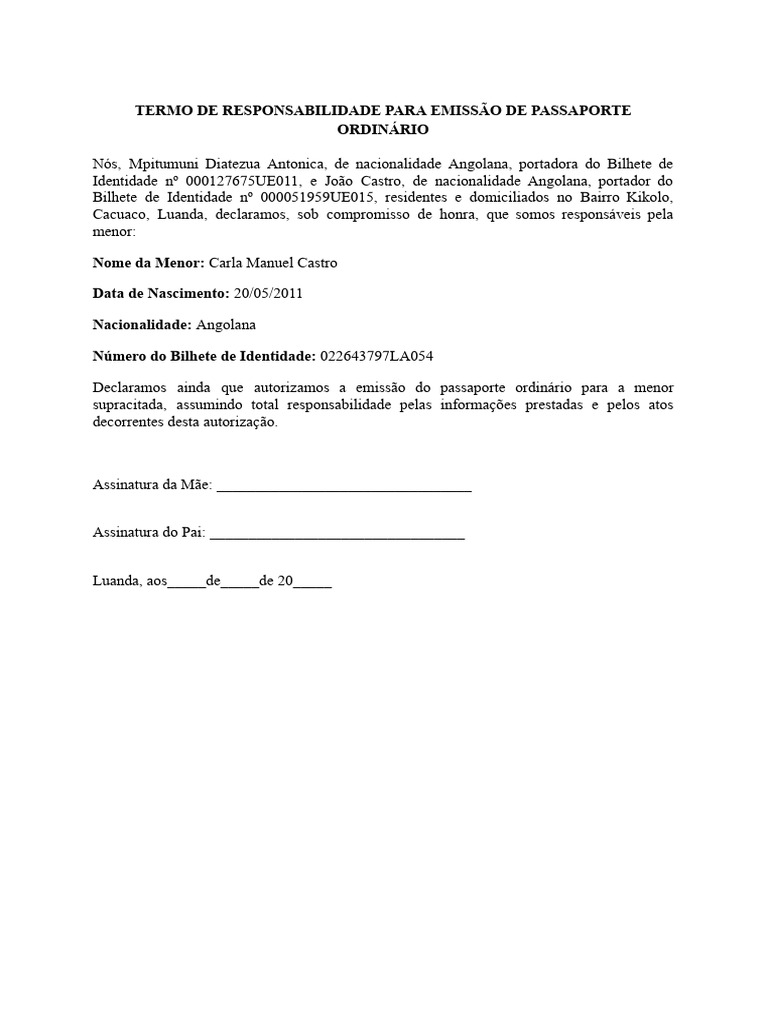 Termo de Responsabilidade para Emissão de Passaporte Ordinário | PDF Termo de Responsabilidade para Emissão de Passaporte Ordinário | PDF