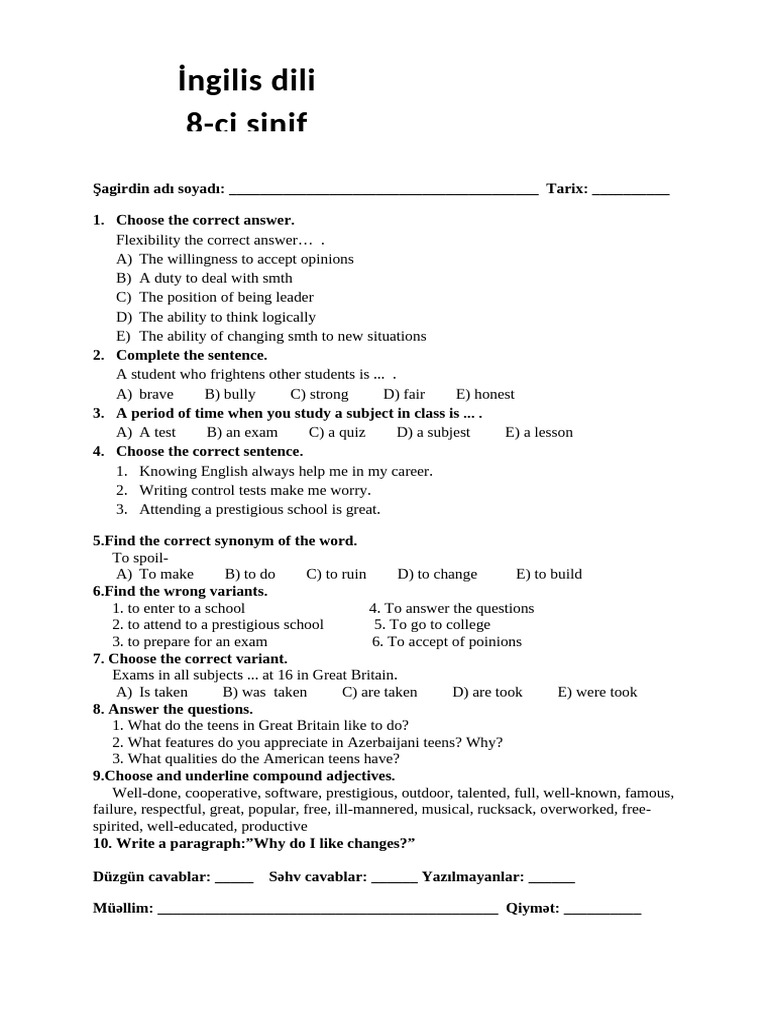 Ingilis Dili 8 Ci Sinif KSQ 1 | PDF