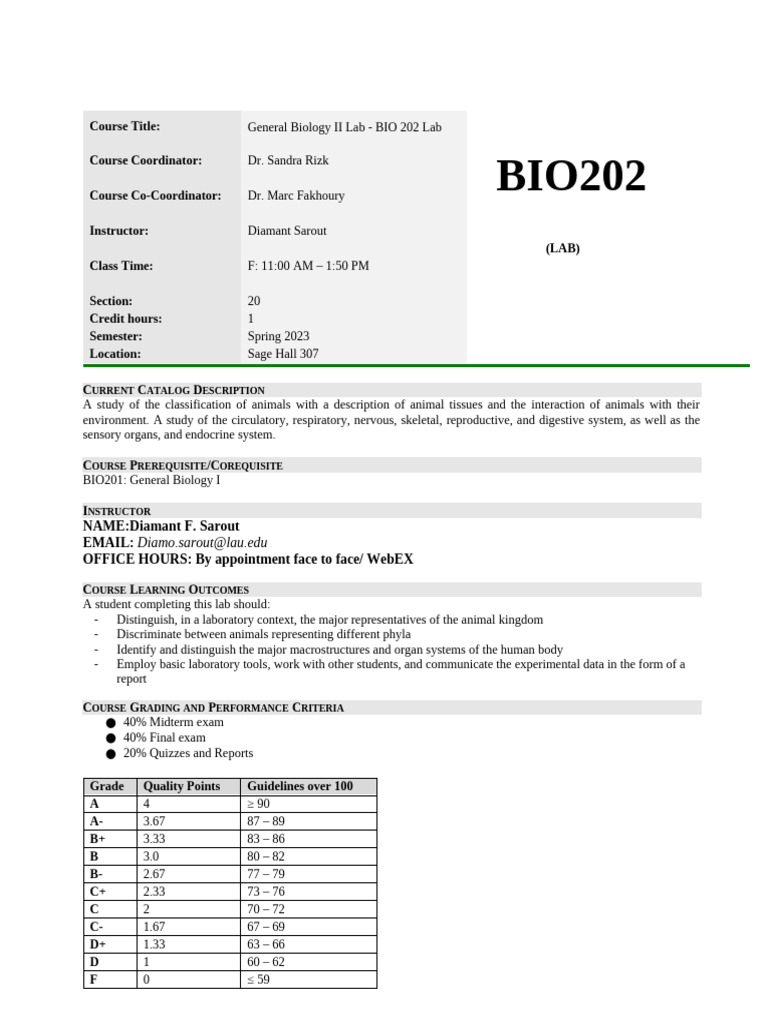BIO 202 Lab Updated Syllabus Spring 2023 | PDF