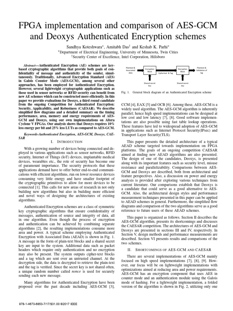 FPGA Implementation and Comparison of AES-GCM and Deoxys Authenticated Encryption Schemes | PDF