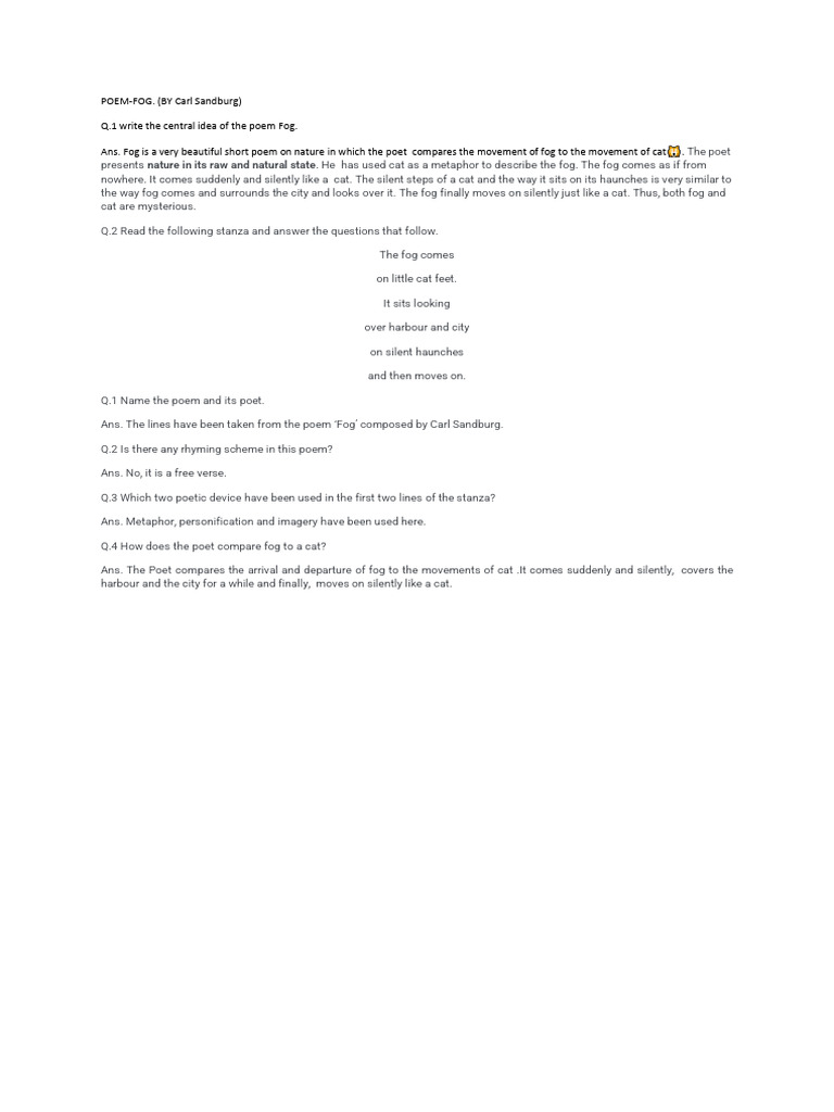 Central Idea of Sandburg's "Fog" Poem | PDF
