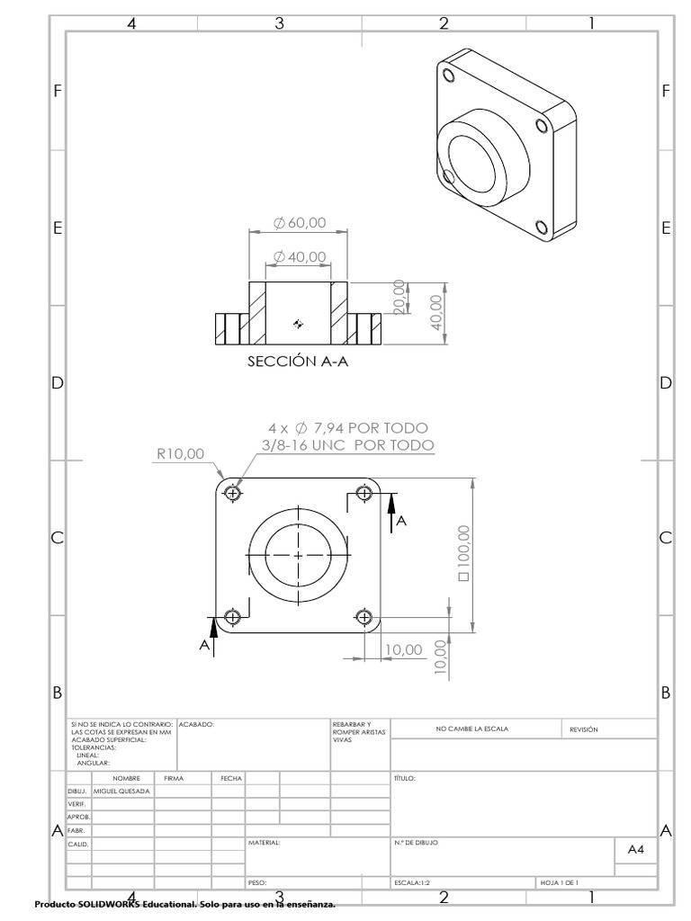 Diseño de Pieza en SolidWorks A4 | PDF