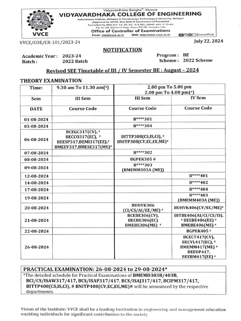 Revised SEE Timetable - III & IV Sem (2022 Scheme) | PDF