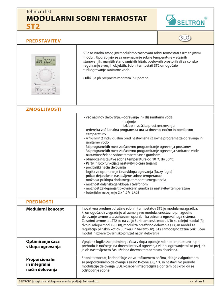 PDF Seltron Sobni Termostat ST2 | PDF