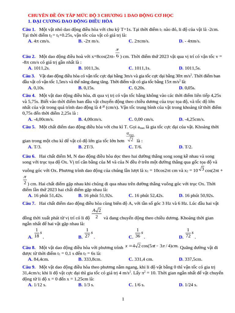 Vật lí. Mức 3. Chương 1. dao động cơ học | PDF