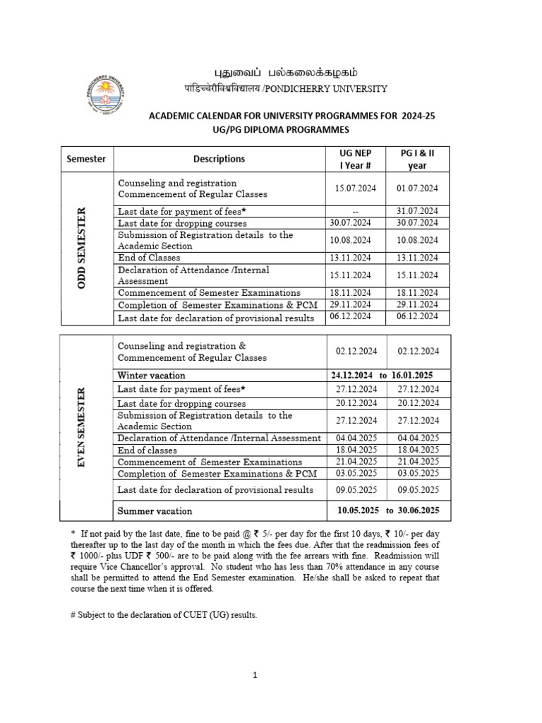 Academic Calendar 2024 25 UG PG Programmes | PDF