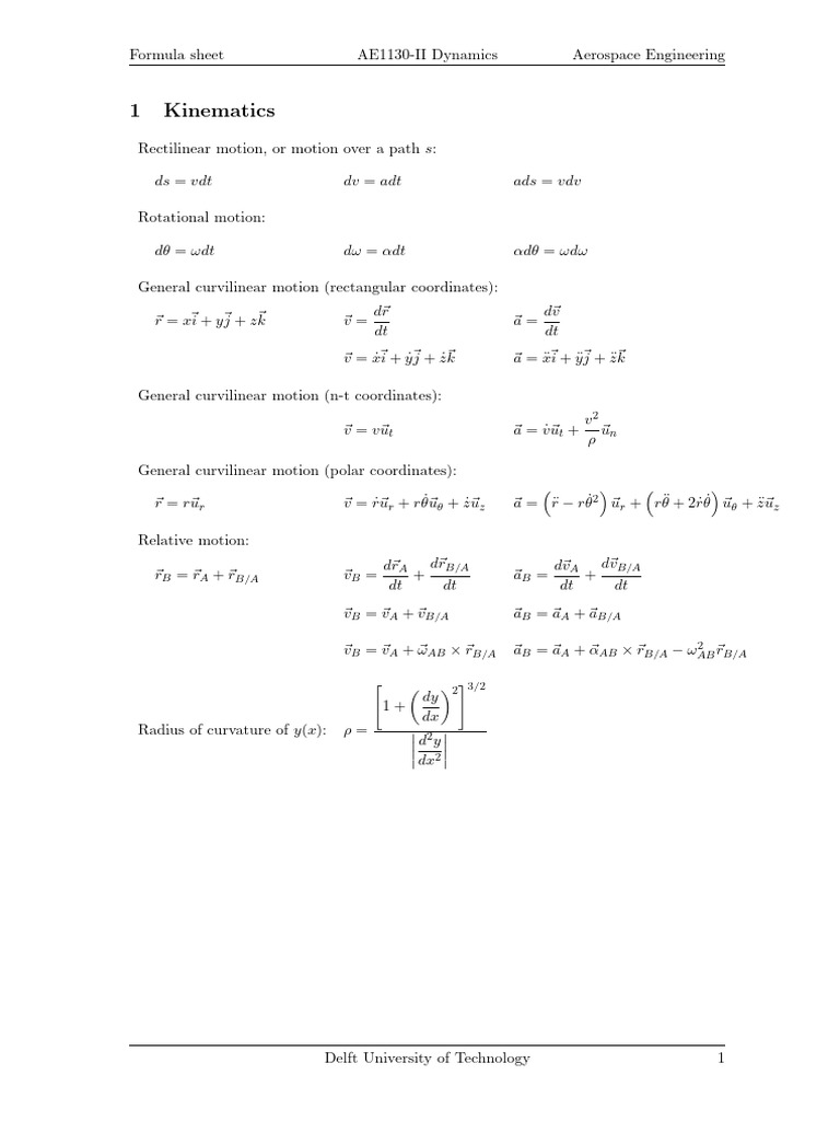 AE1130-II Dynamics formula sheet | PDF AE1130-II Dynamics formula sheet | PDF