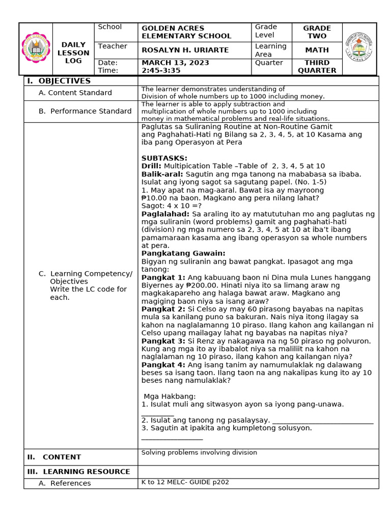 WEEK 4 DLL Q3 MATH2 DAY1 5 W Subtasks | PDF