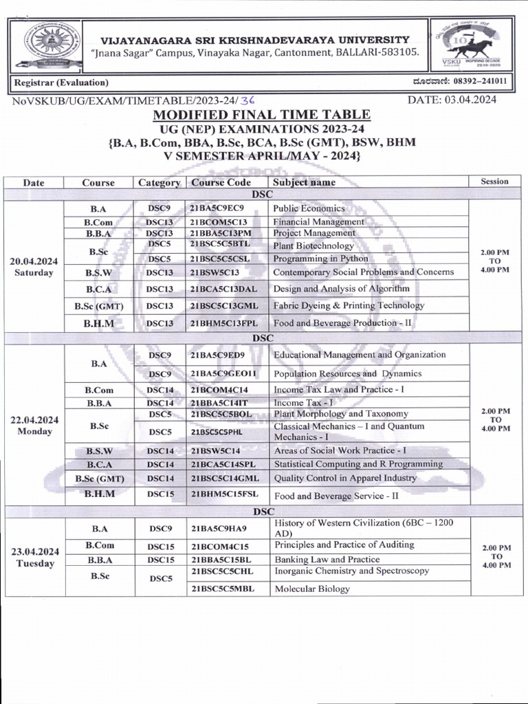 Nep V Sem Modified Final Time Table | PDF