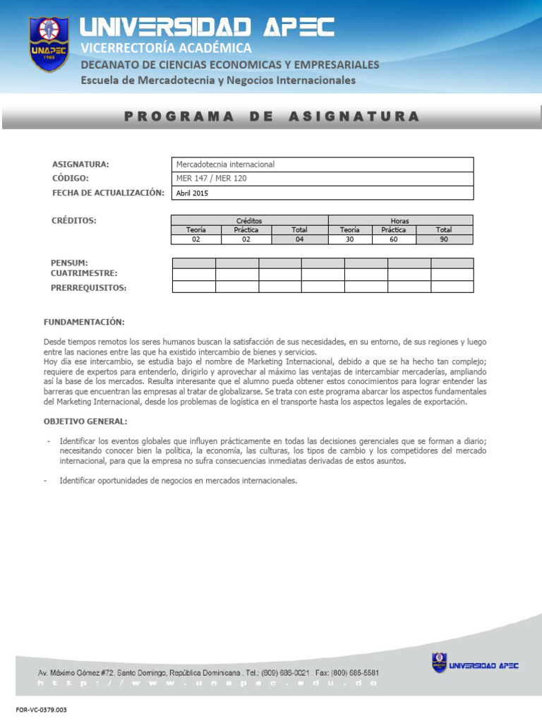 Programa MER-147 MER-120 Mercadotecnia Internacional (Revisado en 2015 ...