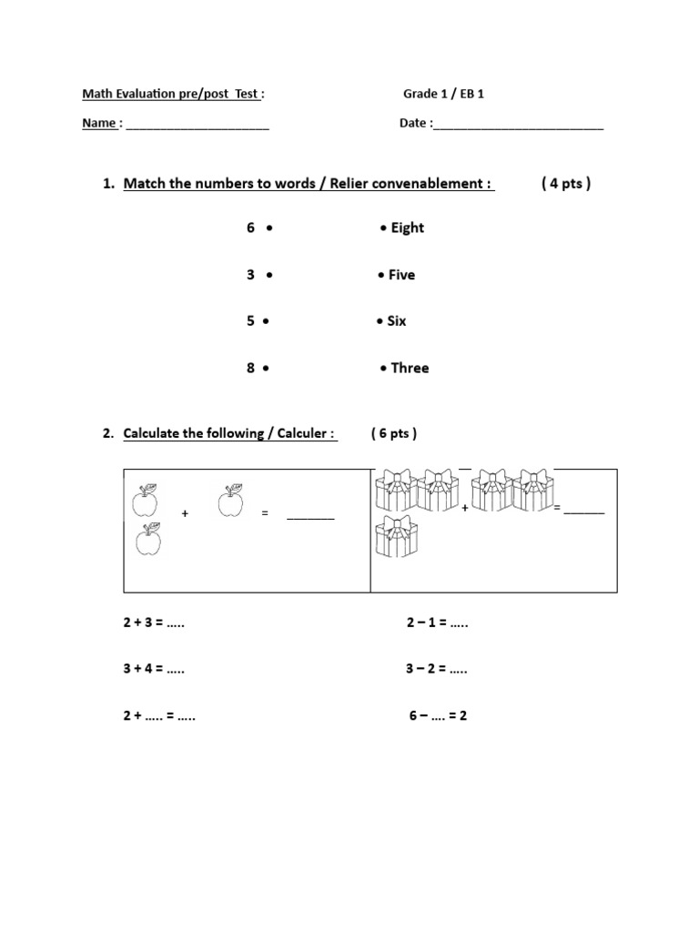 Math Test - French & English Grade 1 | PDF