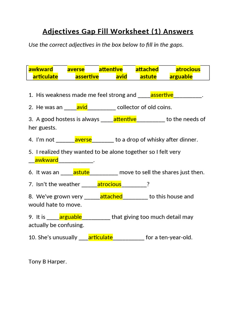 Adjectives Gap Fill Worksheet (1) Answers | PDF