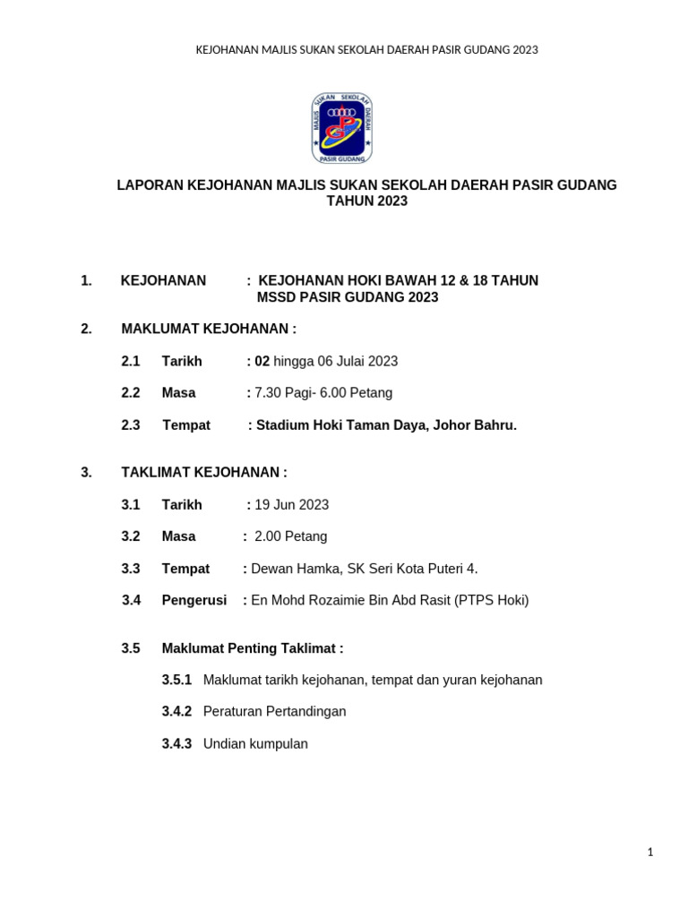 Laporan Hoki MSSD Bawah 12 & 18 2023 | PDF