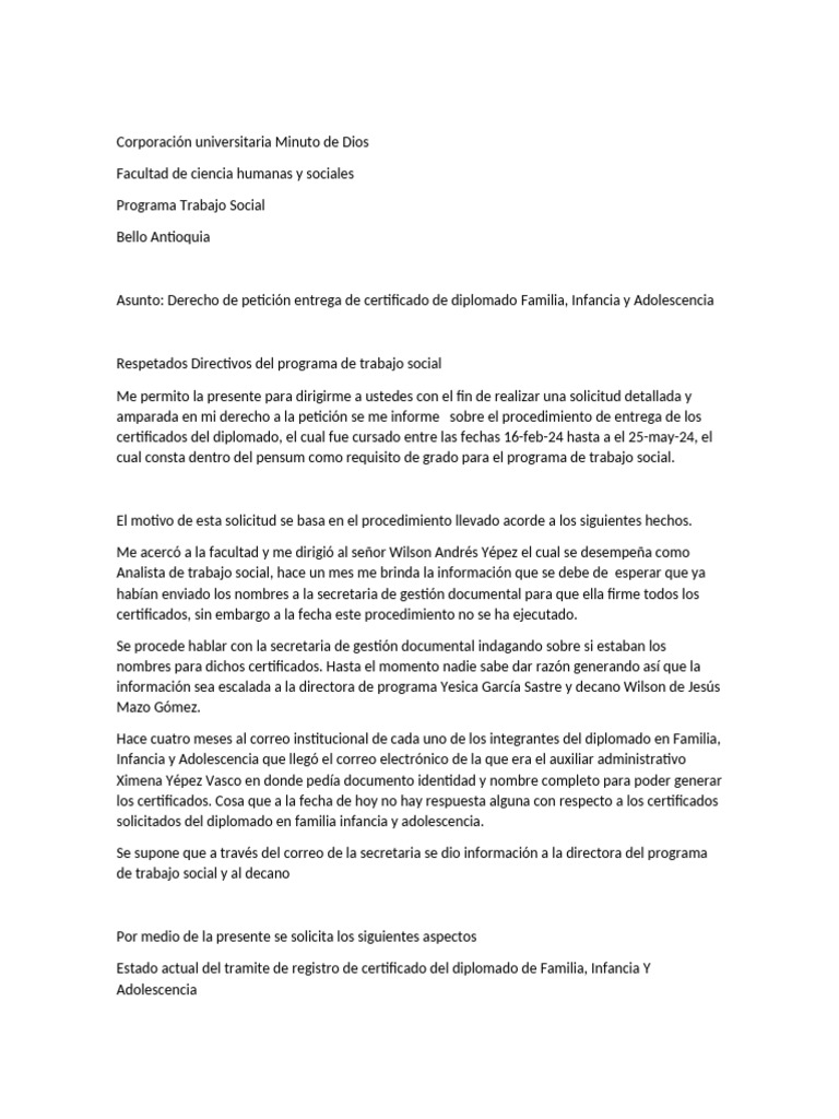 Derecho de Petición Diplomado Familia, Infancia Adolescencia | PDF