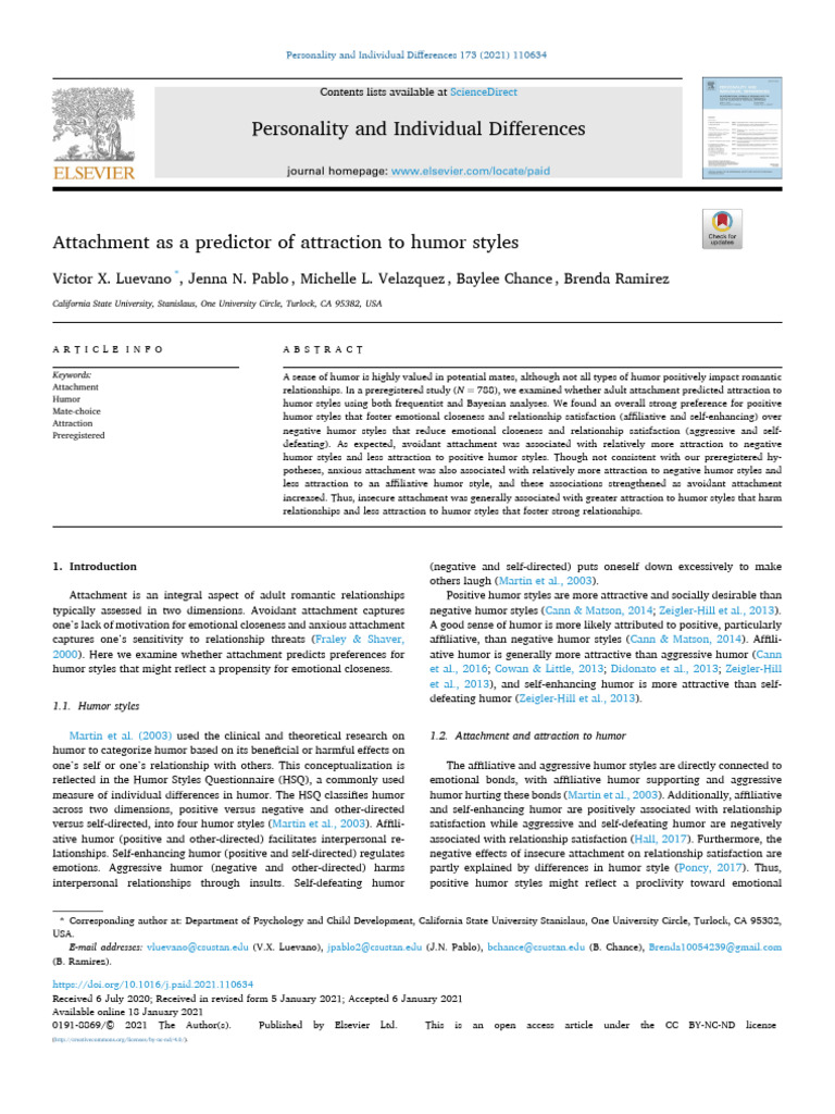 Attachment As A Predictor of Attraction To Humor Styles 2021 | PDF