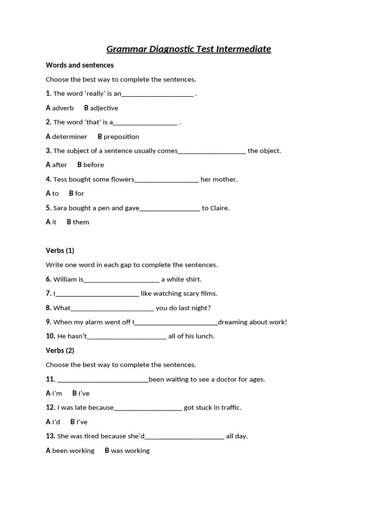 Grammar Diagnostic Test Intermediate (Word) | PDF | Adverb | Verb