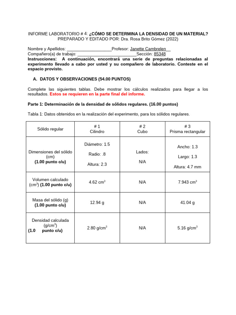 Informe Del Exp. 4 Como Se Determina La Densidad de Un Material 2022 | PDF