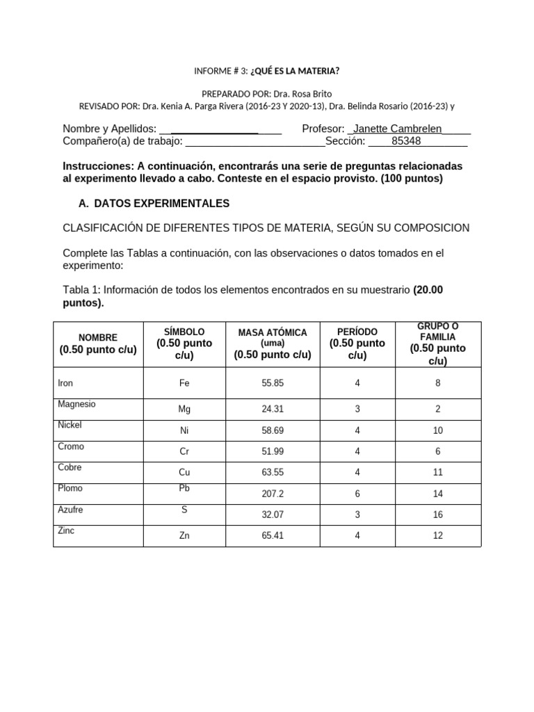 Informe Del Exp. 3 Que Es La Materia 2022 | PDF