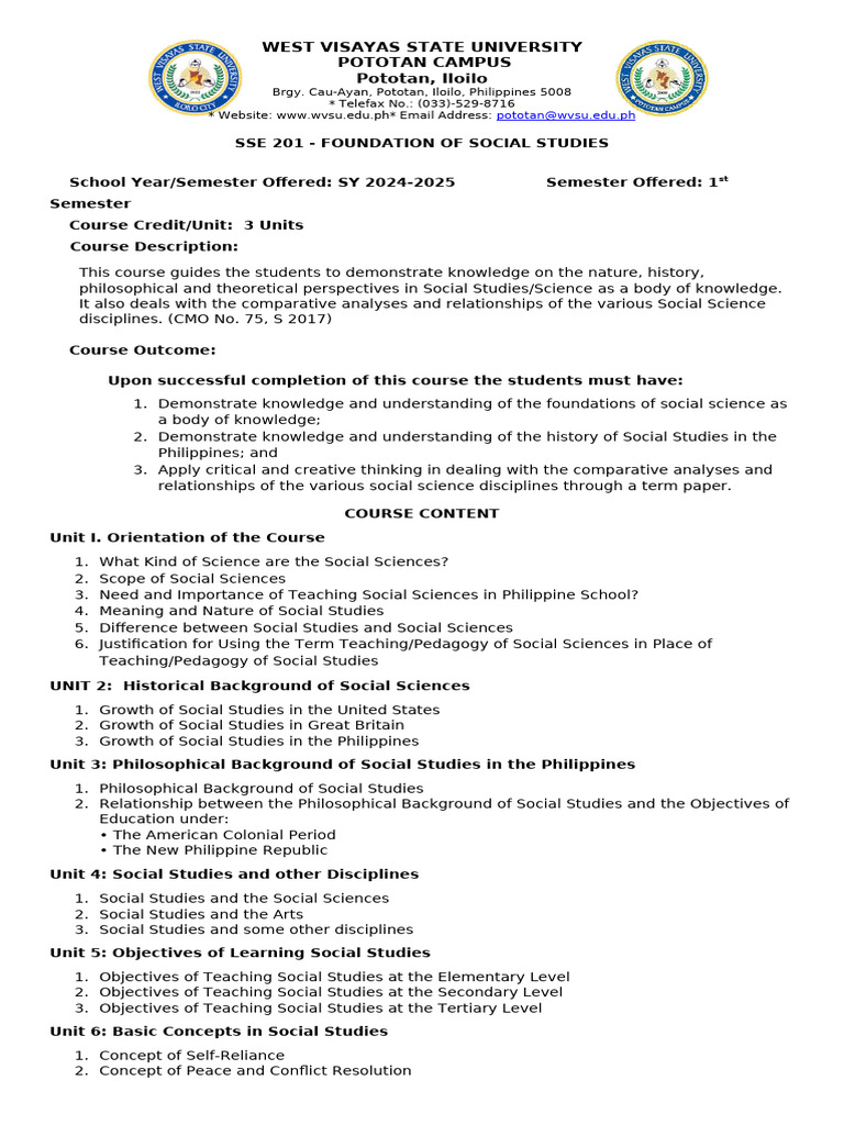 SSE 201 FOUNDATION OF SOC. STUD. Course Outline | PDF
