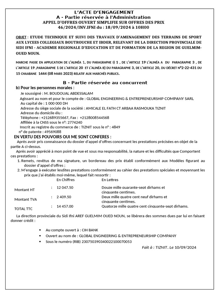 Acte D'engagement 46-2024-INV-IFNI | PDF