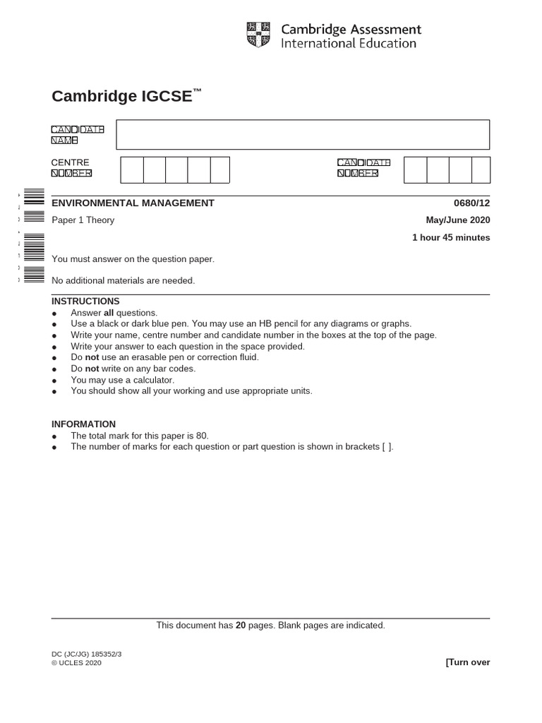 Cambridge IGCSE: Environmental Management 0680/12 | PDF