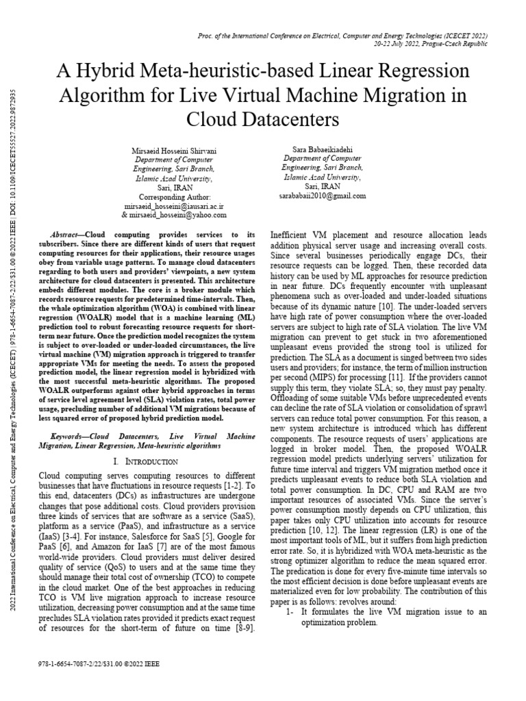 A Hybrid Meta-Heuristic-Based Linear Regression Algorithm For Live Virtual Machine Migration in ...