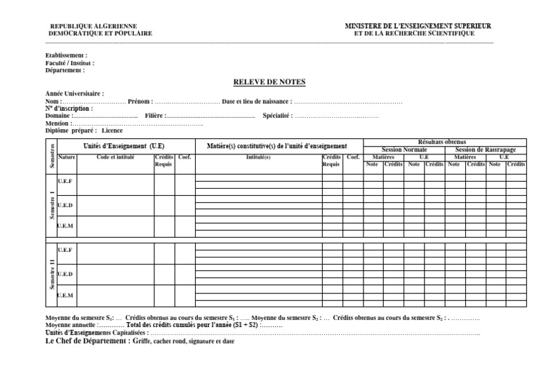 Modèle de Relevé de Notes LMD | PDF