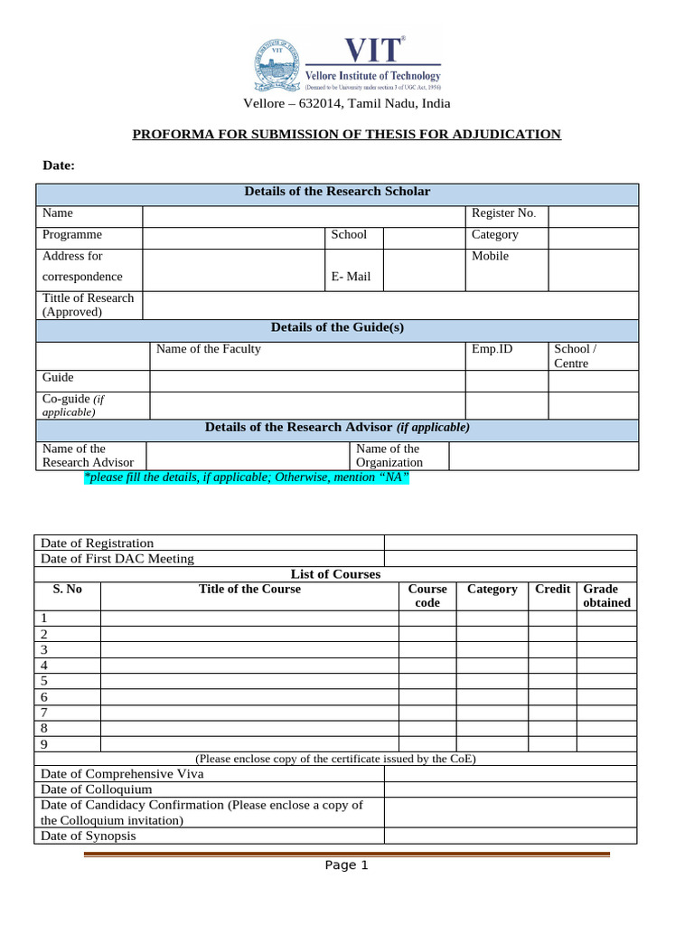 Proforma For Submission of Thesis For Adjudication | PDF