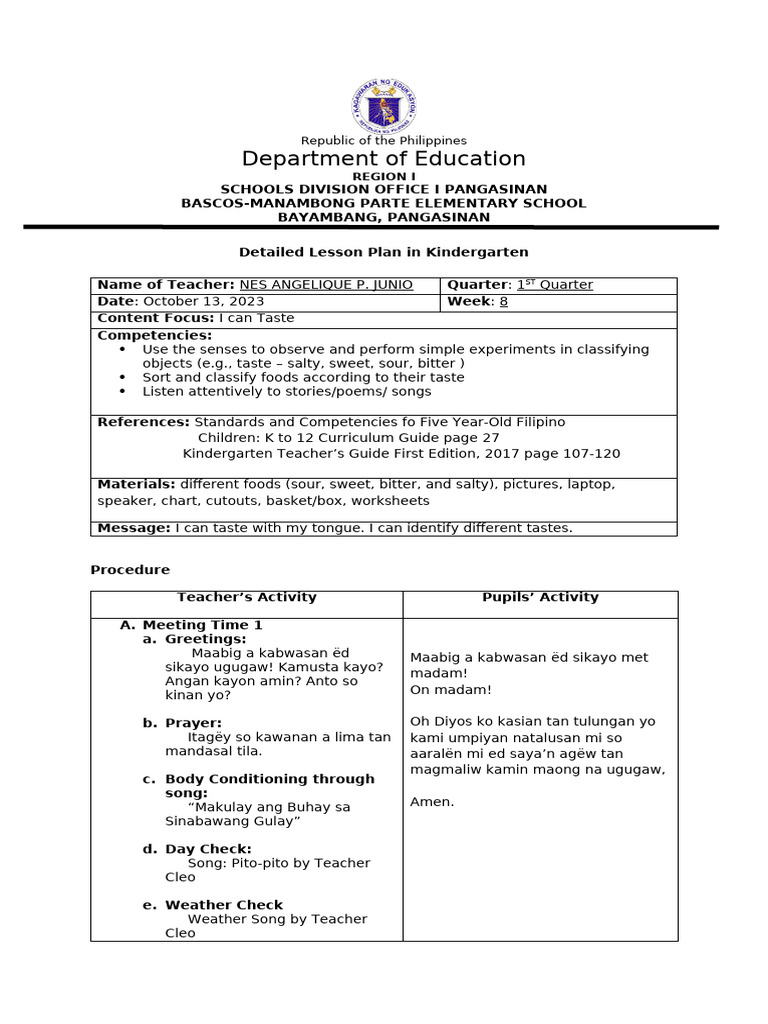 CO Lesson Plan Q1 Detailed Lesson Plan in Kindergarten | PDF | Taste