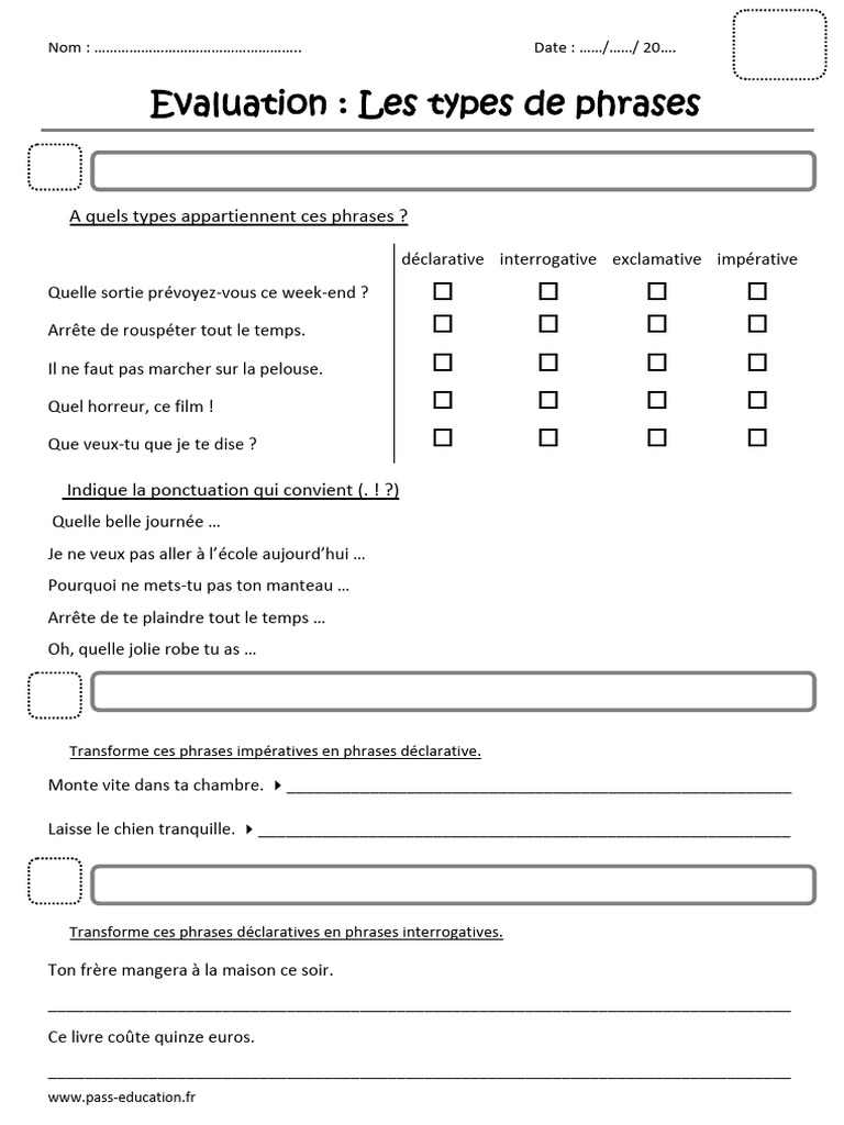 Types de Phrases Ce2 Evaluation Phrase Déclarative Interrogative ...