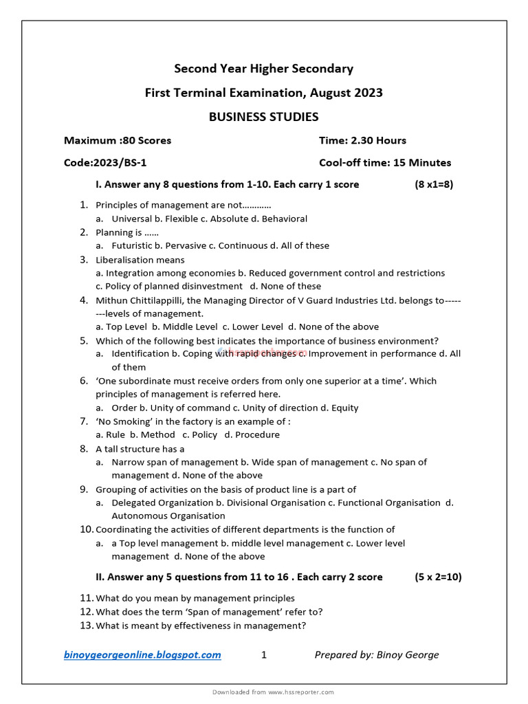 Business Studies (Model Question Paper) | PDF