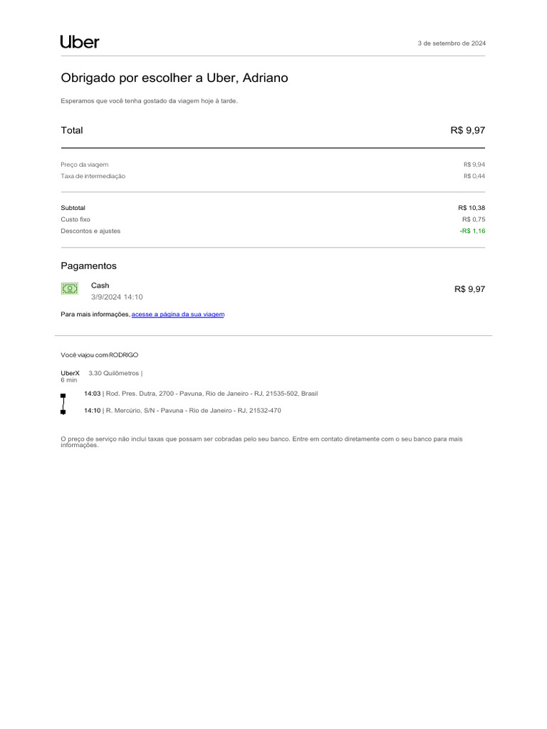 Uber Trip Receipt for Adriano | PDF