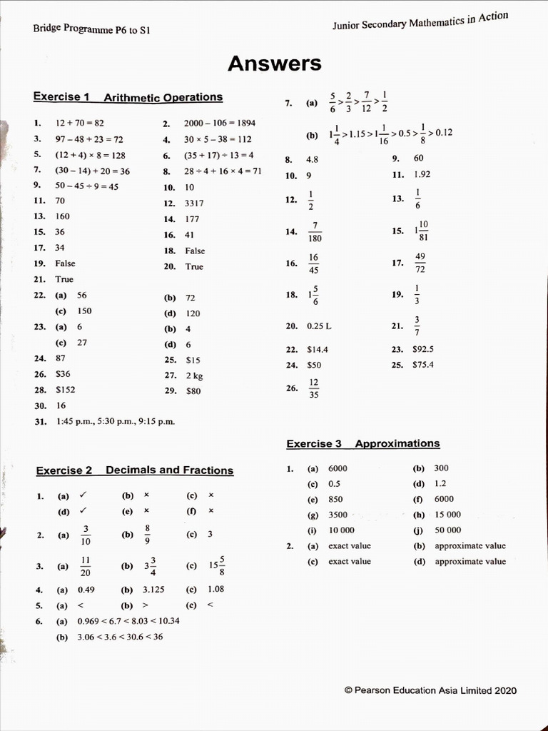 Junior Secondary Mathematics in Action Bridge Program P6-S1 ANS | PDF