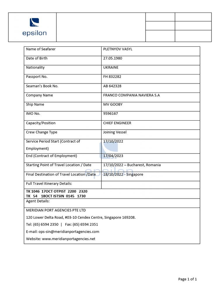 Crew Change Info for Chief Engineer | PDF