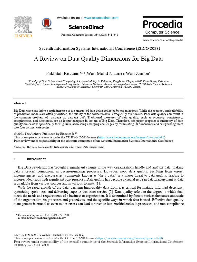 A Review on Data Quality Dimensions for Big Data | PDF