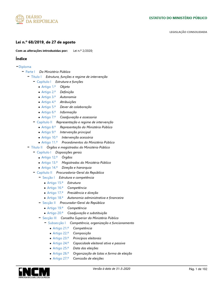 Consolidação Lei N.º 68 - 2019 - Estatuto Ministério Público ...