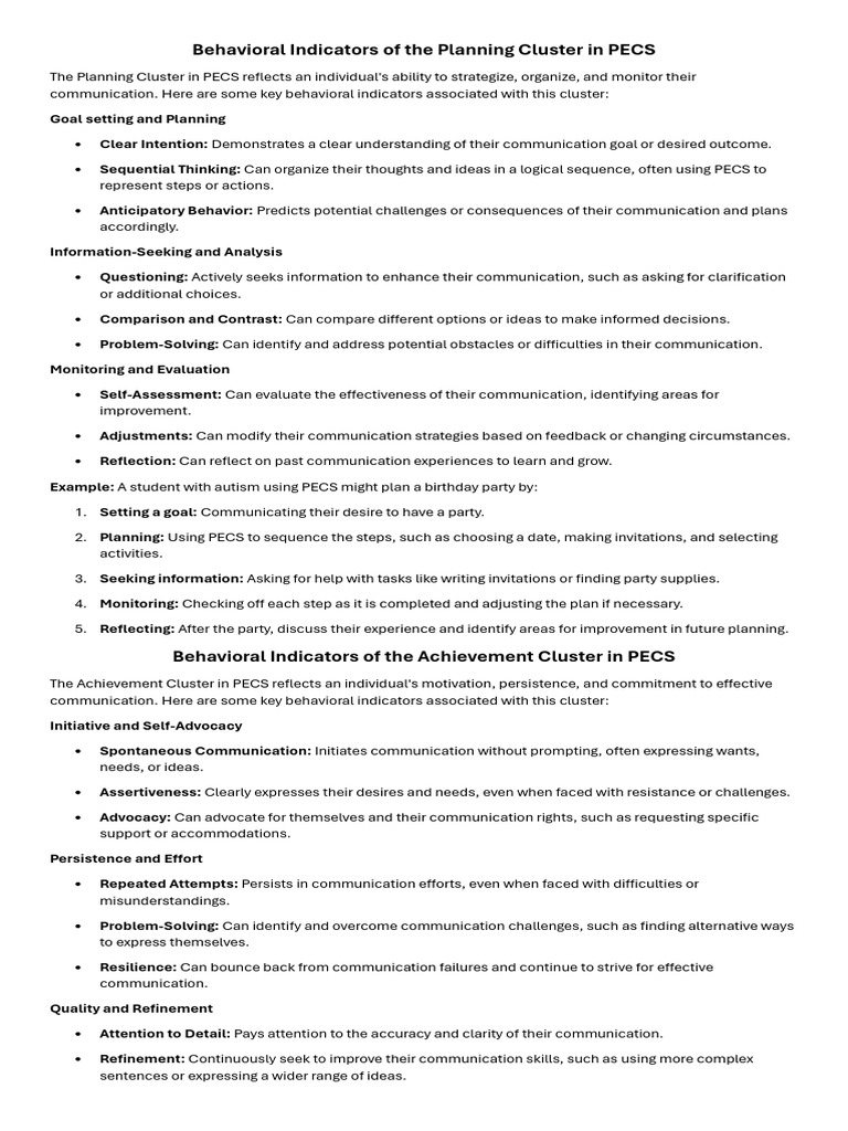 Behavioral Indicators of PECS Clusters | PDF | Communication | Planning